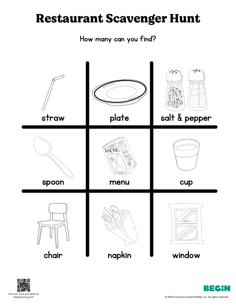 Free Printable Restaurant Scavenger Hunt For Kids | Begin Learning