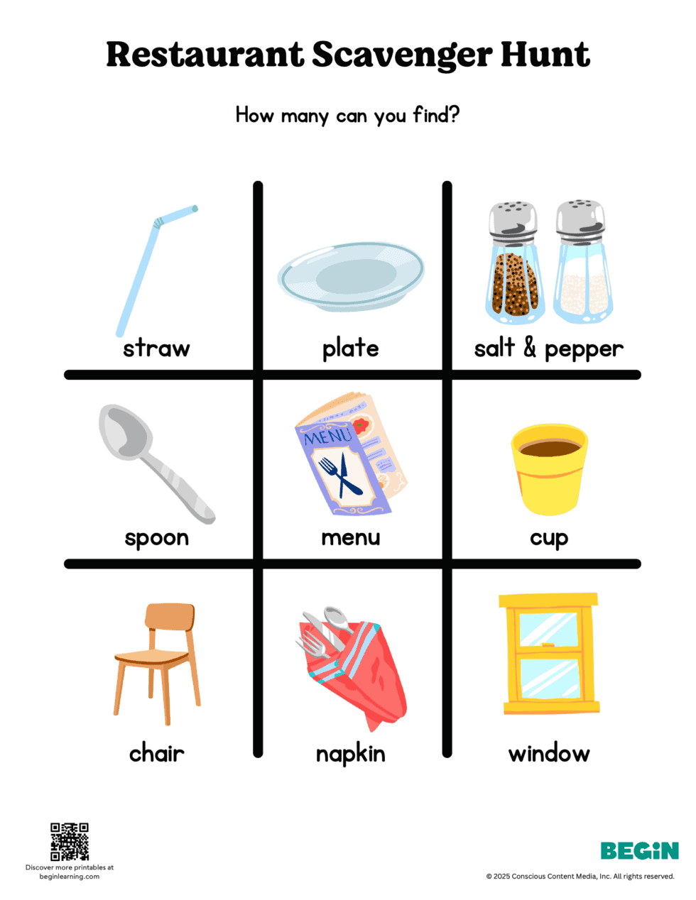 Free Printable Restaurant Scavenger Hunt For Kids | Begin Learning