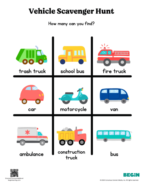 Free Printable Vehicle Scavenger Hunt For Kids | Begin Learning
