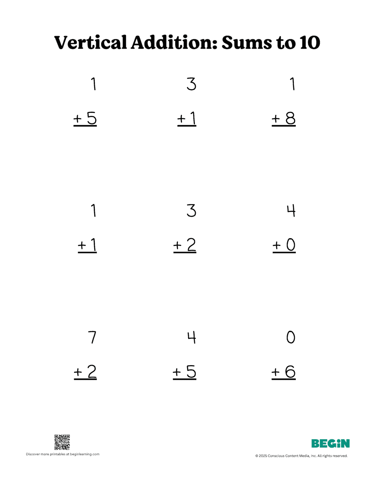 Free Vertical Addition (1 - 10) Printable Worksheets - Begin Learning