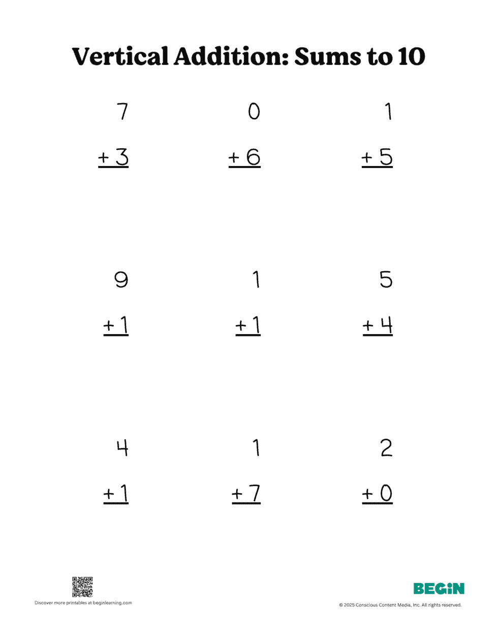 Free Vertical Addition (1 - 10) Printable Worksheets - Begin Learning