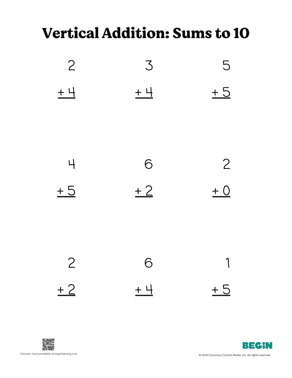 Free Vertical Addition (1 - 10) Printable Worksheets - Begin Learning