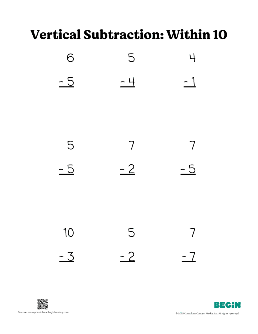 Free Vertical Subtraction (1 - 10) Printable Worksheets - Begin Learning