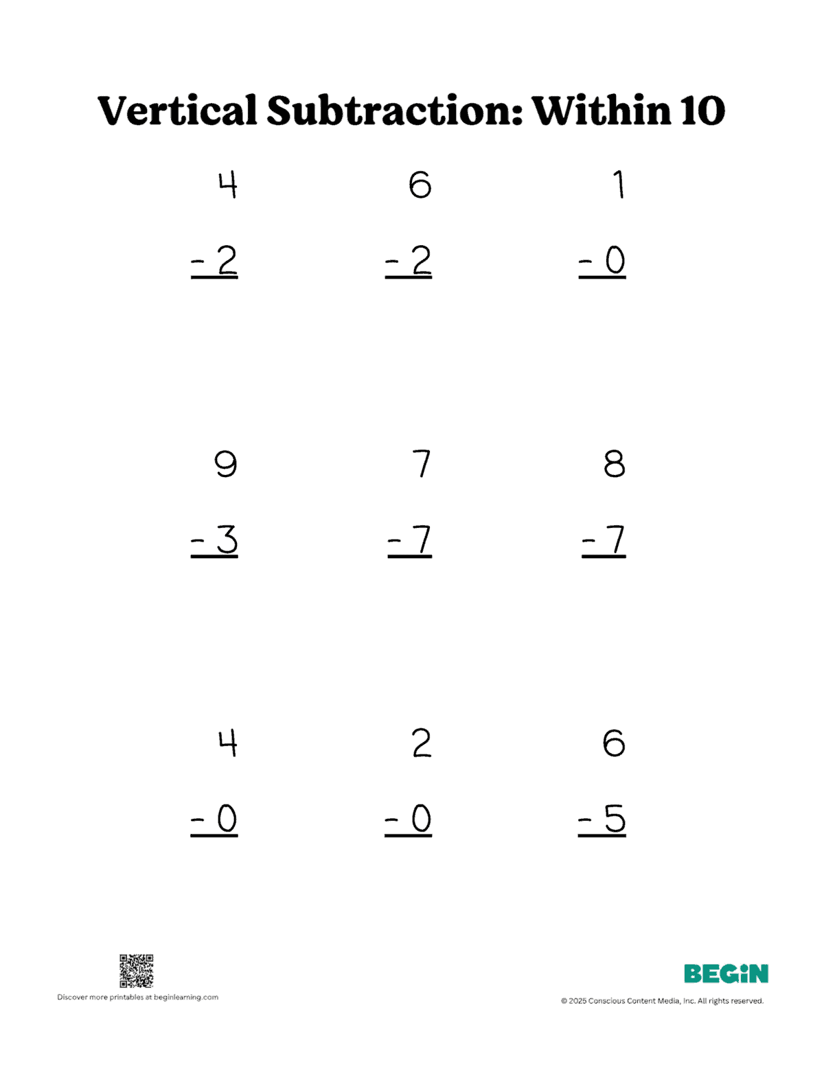 Free Vertical Subtraction (1 - 10) Printable Worksheets - Begin Learning