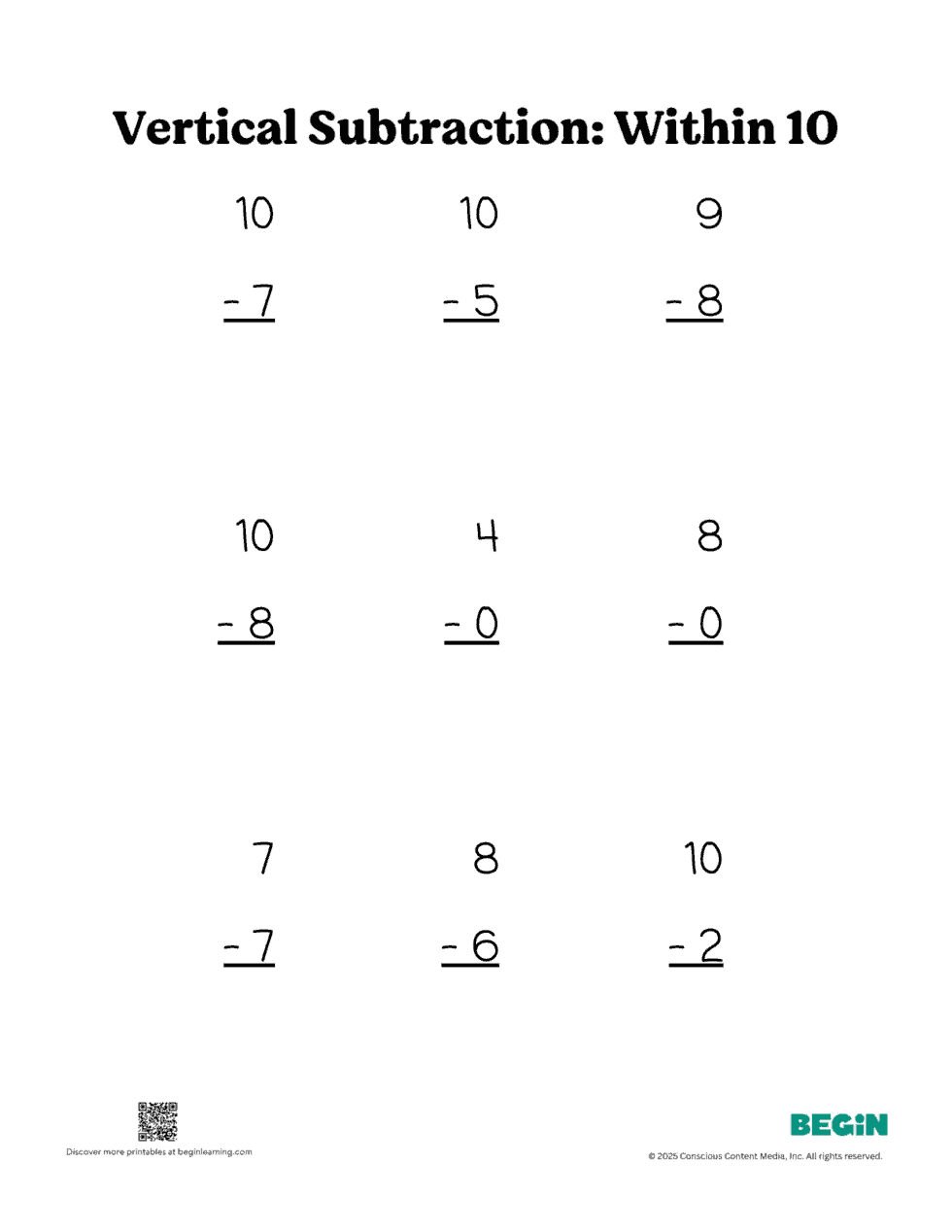Free Vertical Subtraction (1 - 10) Printable Worksheets - Begin Learning